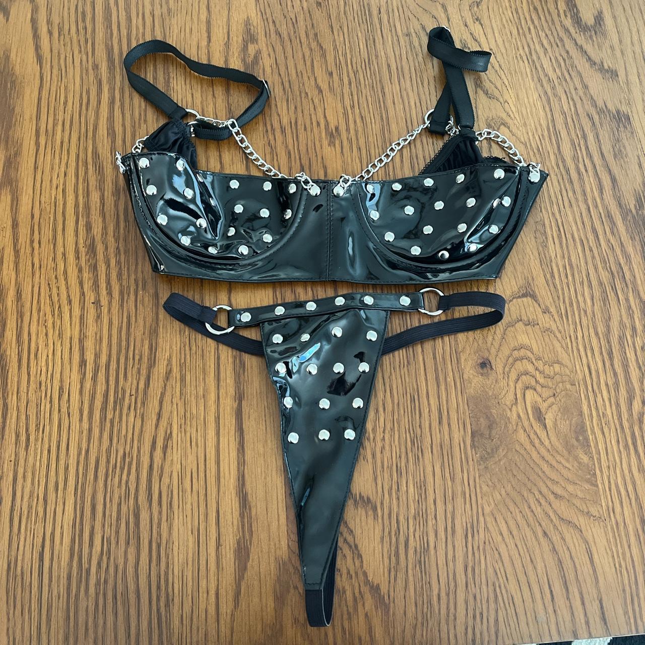 Vinyl bra and thong set - Depop