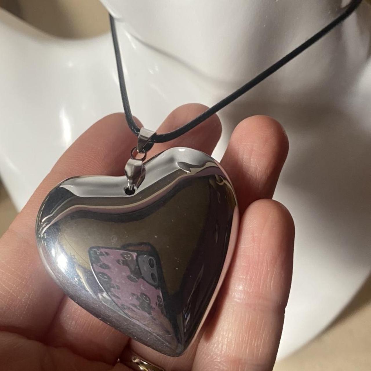 silver puff heart pendant necklace grunge 3d puff... - Depop