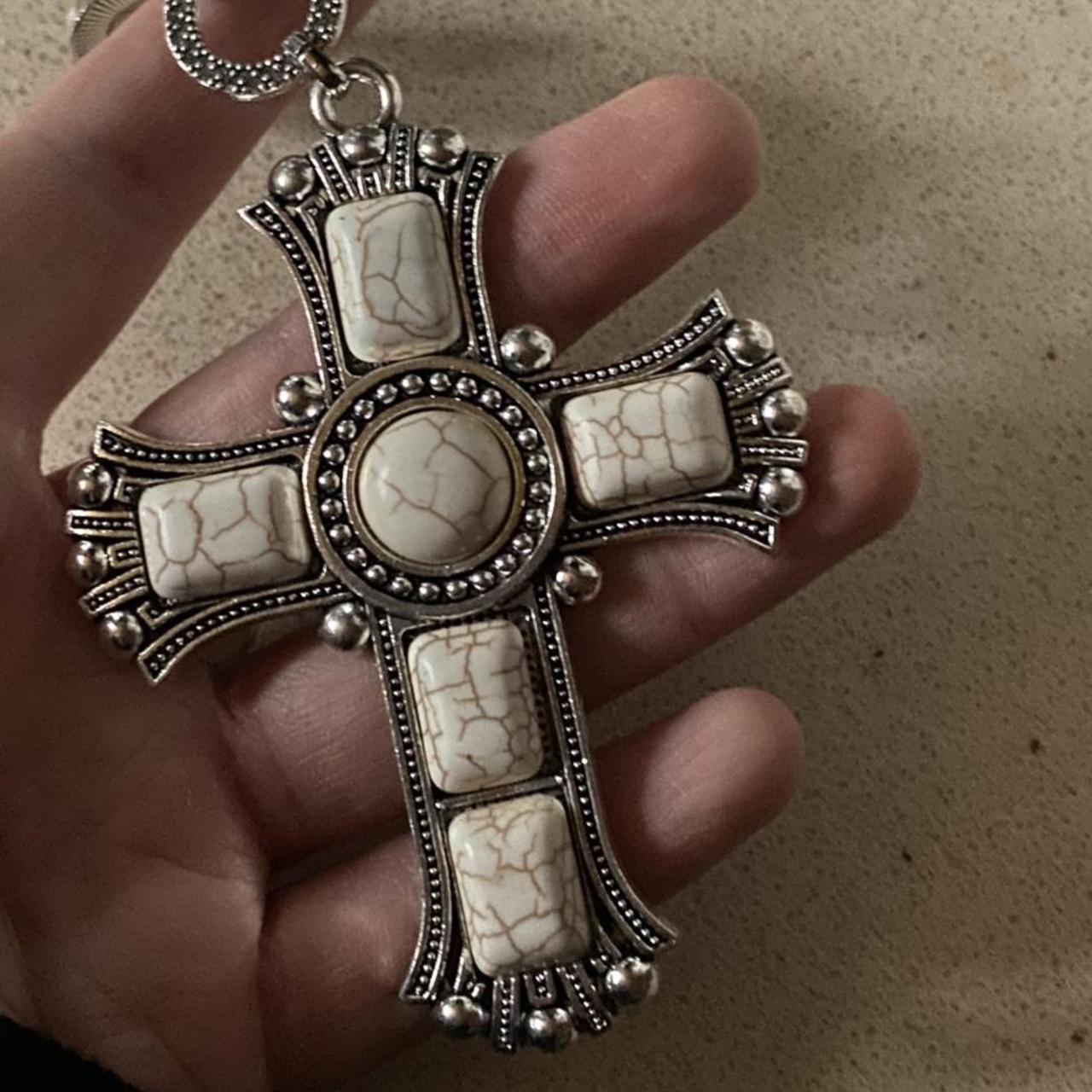 oversized white stone crucifix cross... - Depop