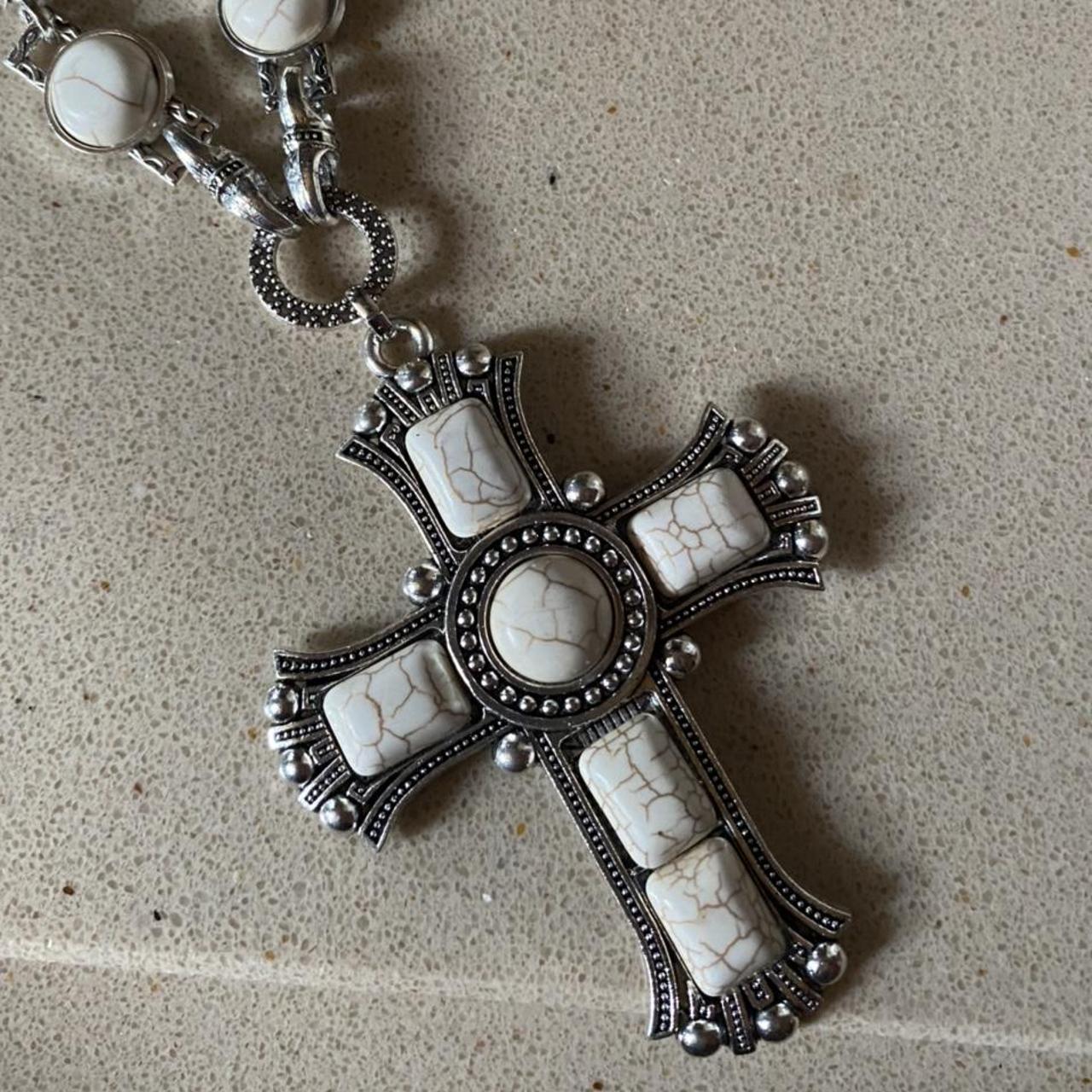 oversized white stone crucifix cross... - Depop