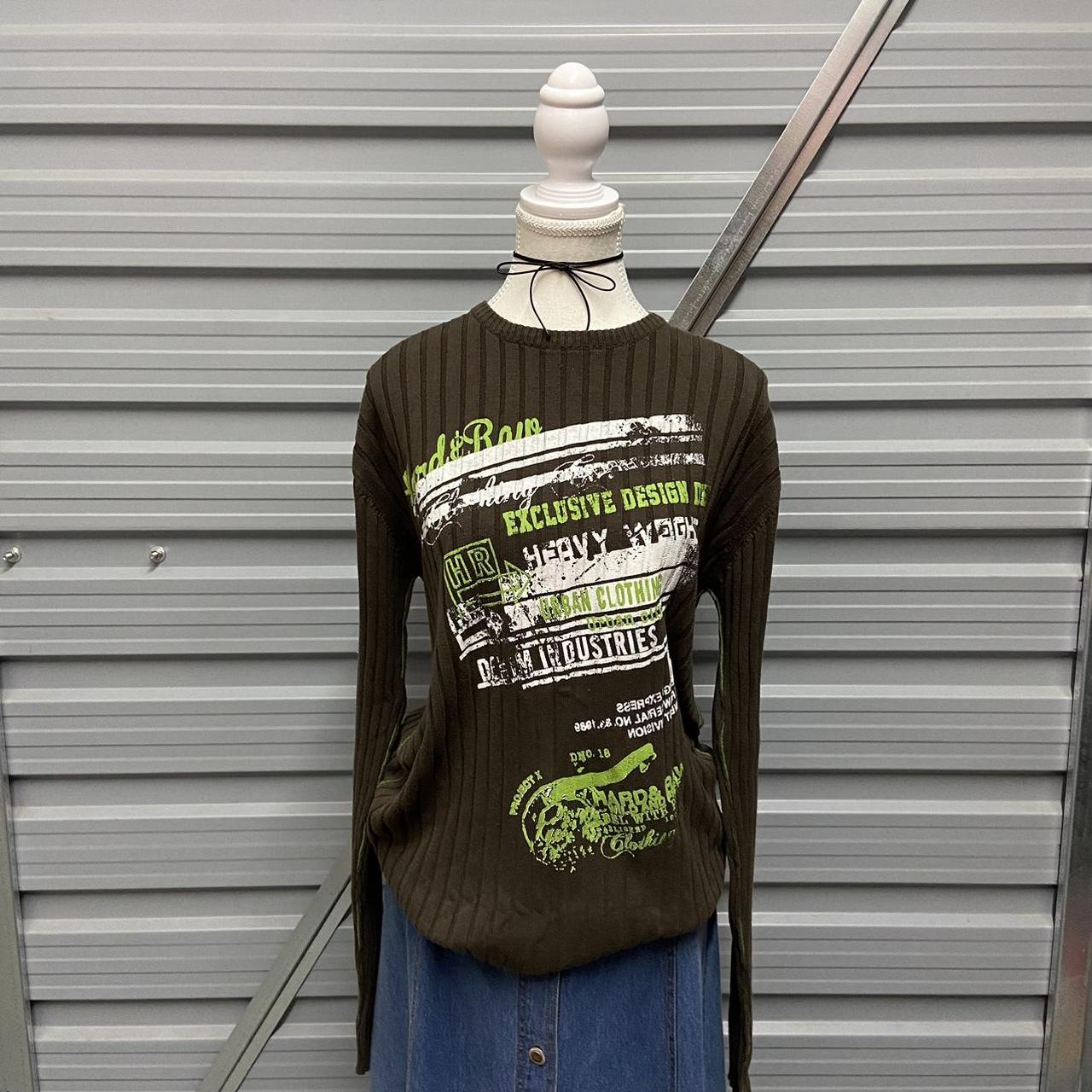 2000s khaki cyber ribbed jumper label reads DENIM... - Depop