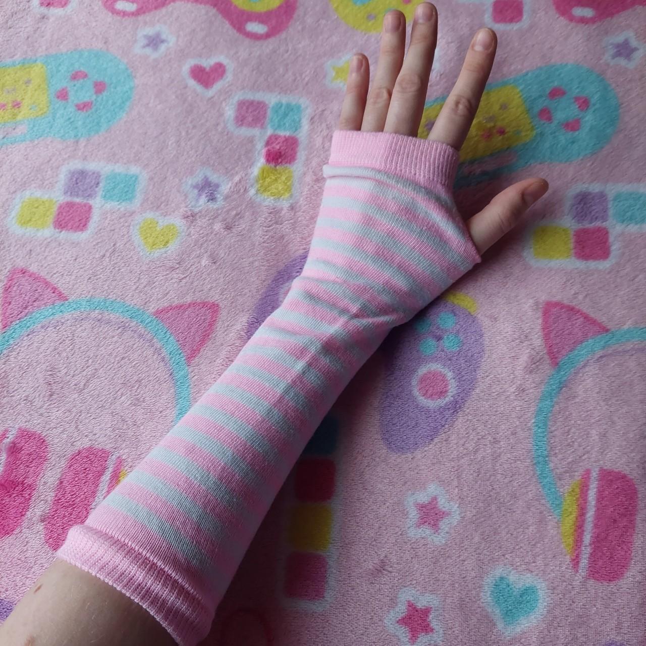 Kawaii pink and white striped arm warmers #ravei... | Depop