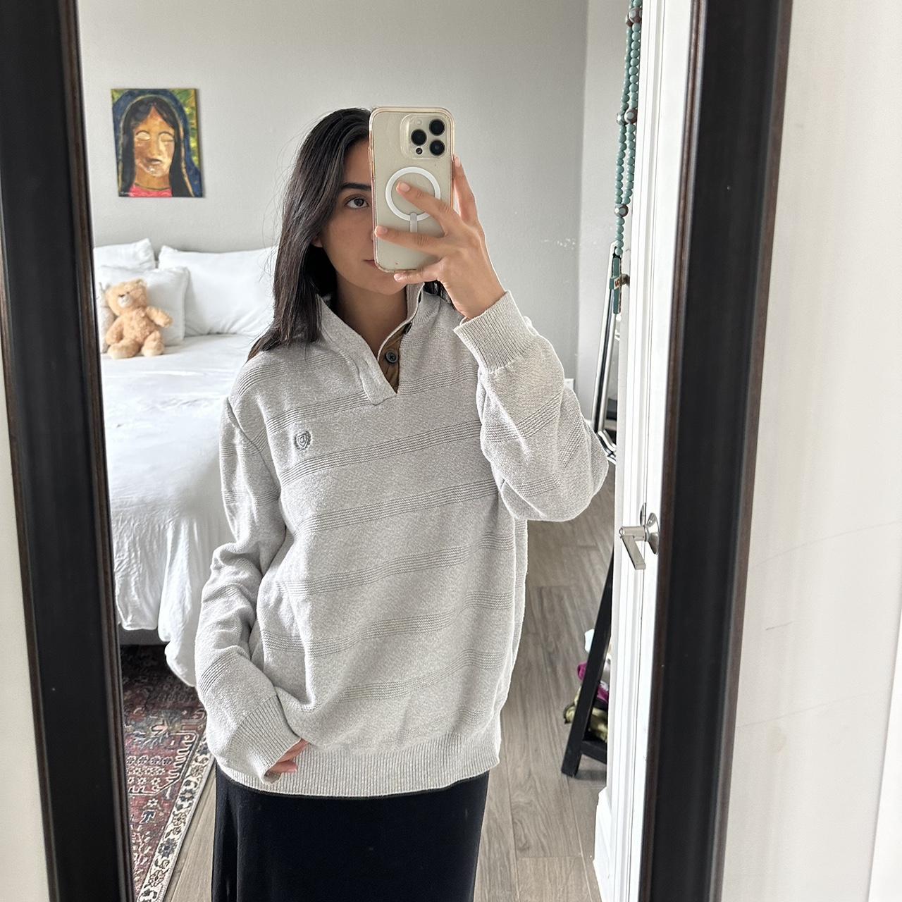 heather grey chaps half button collared knitted... - Depop