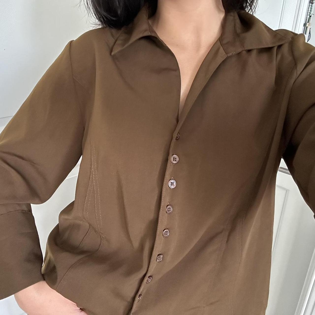 brown slouchy button down top size petite large;... - Depop
