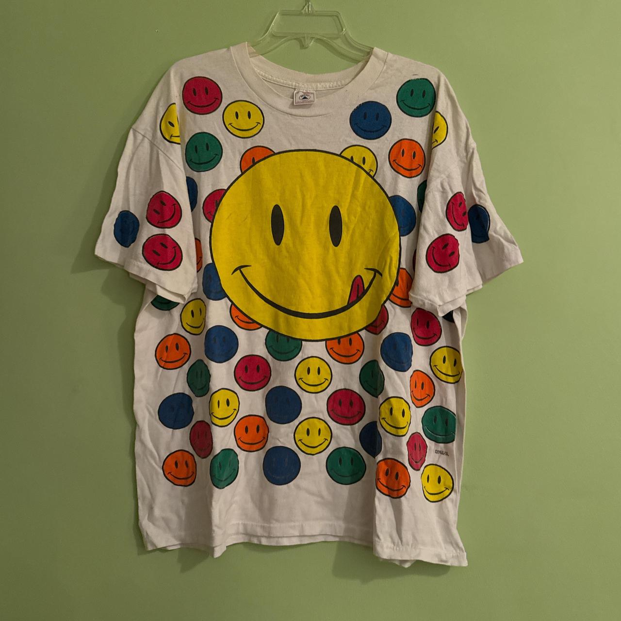 Vintage 90s Rave Smiley Face All Over Print... | Depop