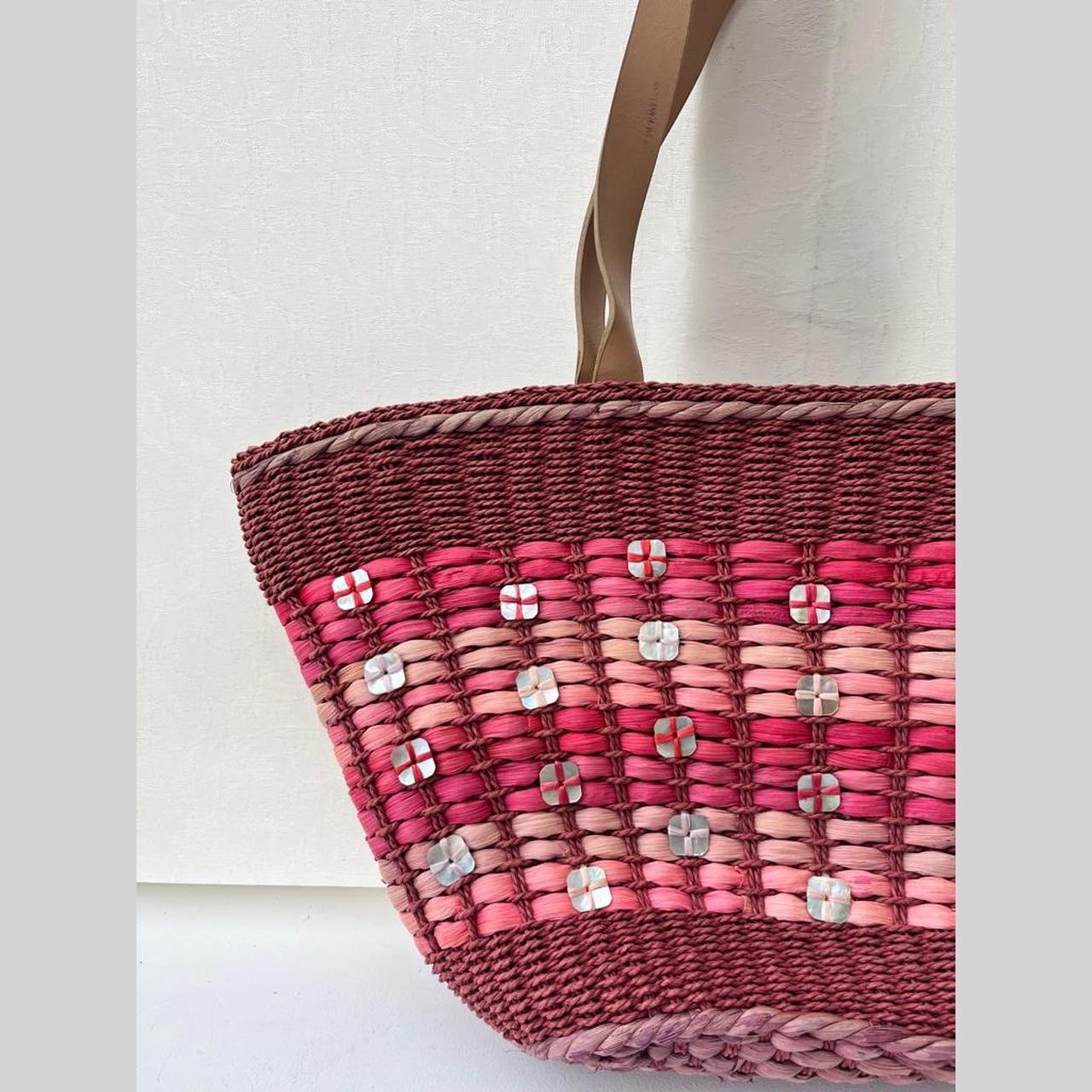 Pink Ombre Straw Wicker Grab Hand Bag Sequin Pearl... - Depop