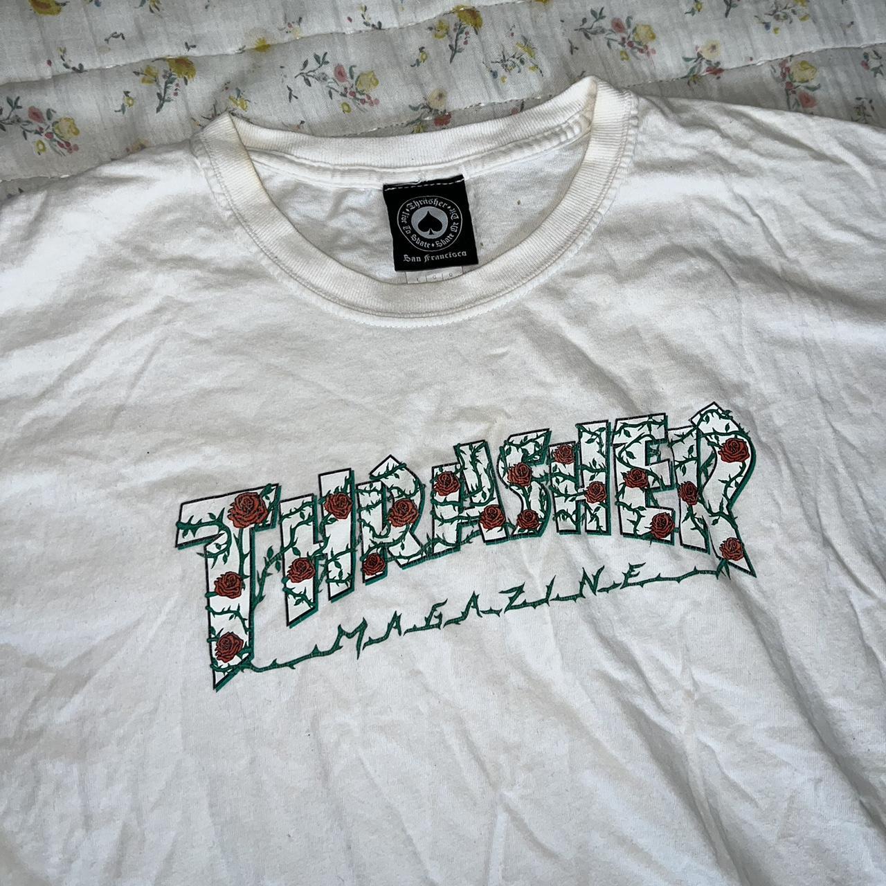 large white thrasher t shirt with thorns and... - Depop
