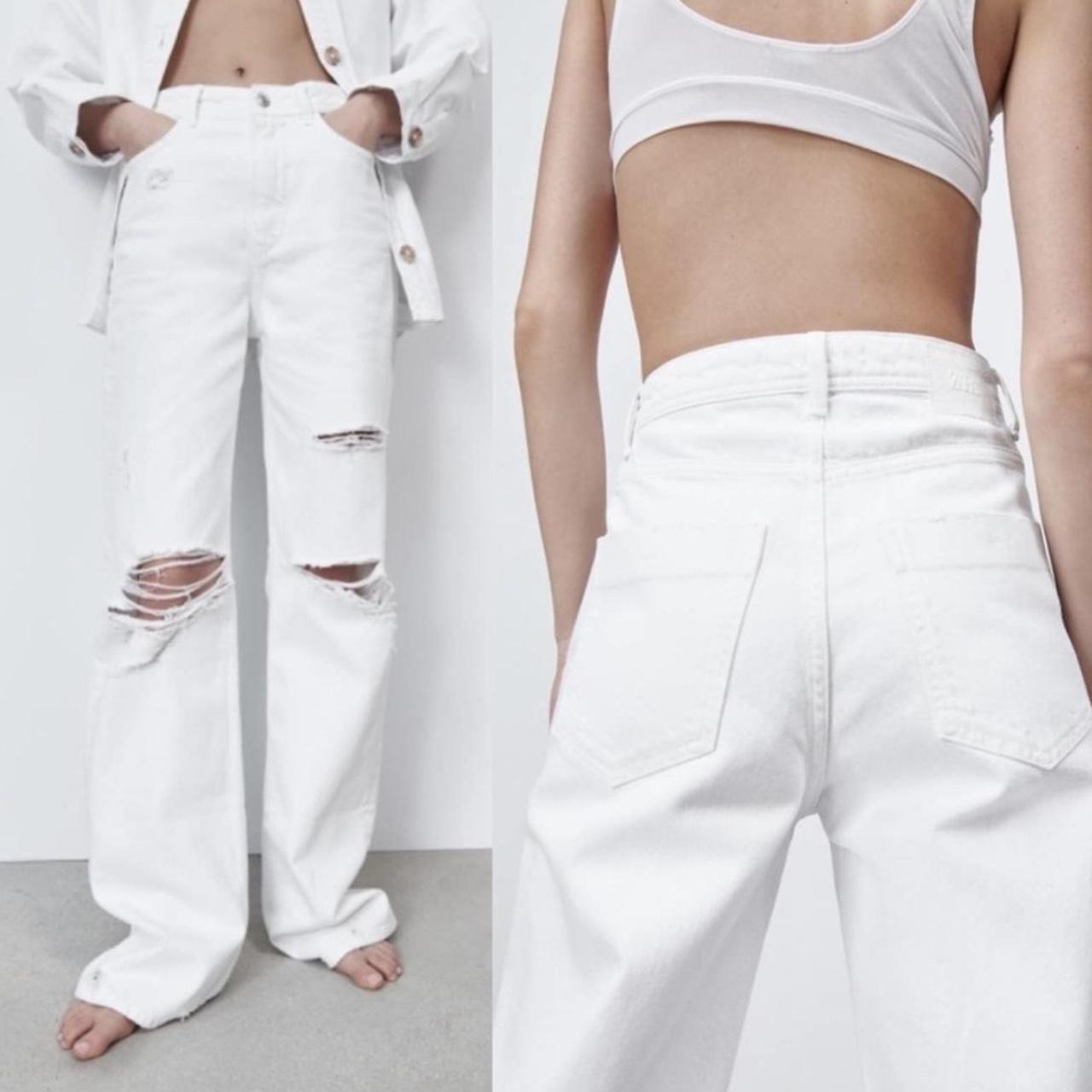 white ripped wide leg zara jeans! super cute & in... - Depop