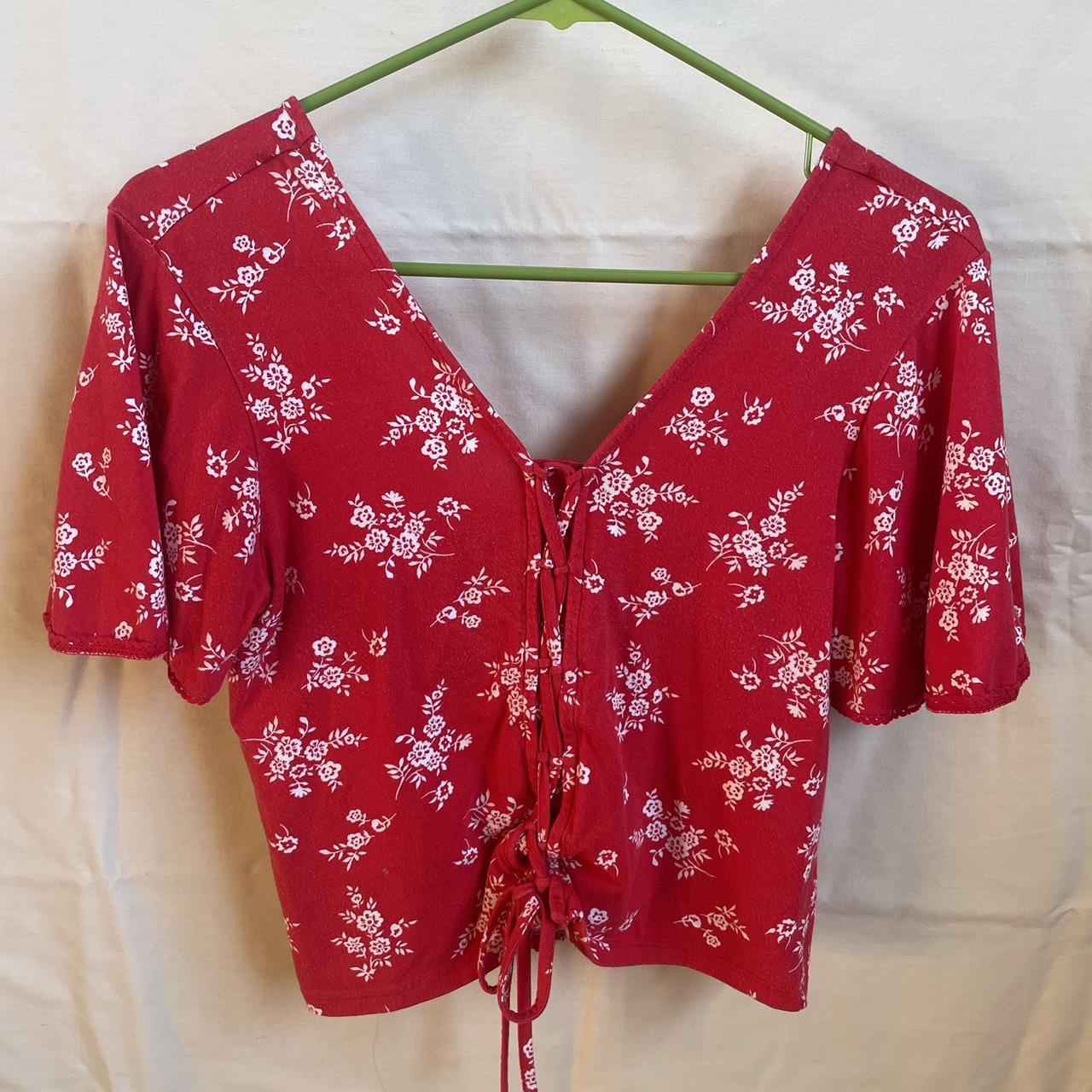 blouse with faux strings - bought from Macy’s - red... | Depop