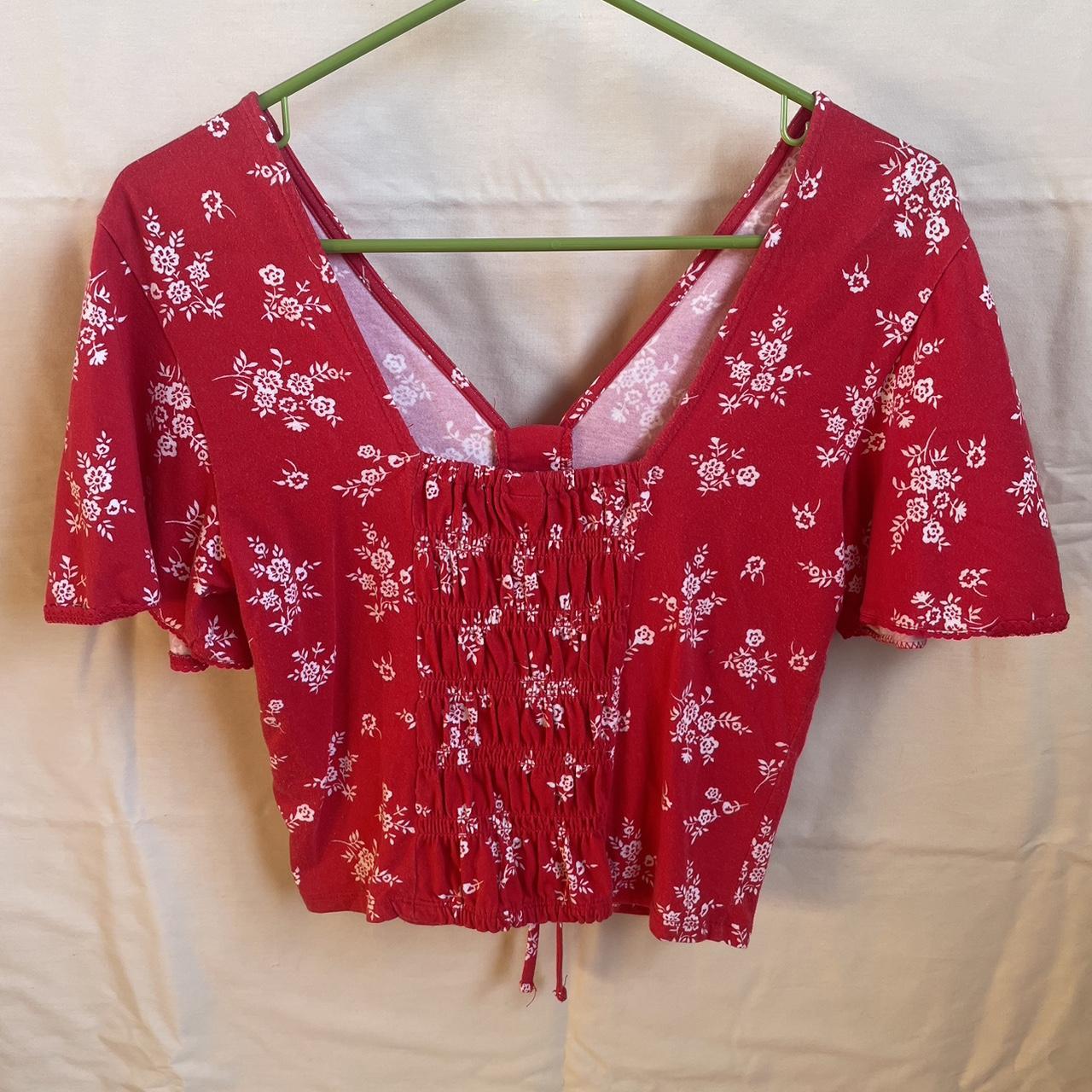 blouse with faux strings - bought from Macy’s - red... | Depop