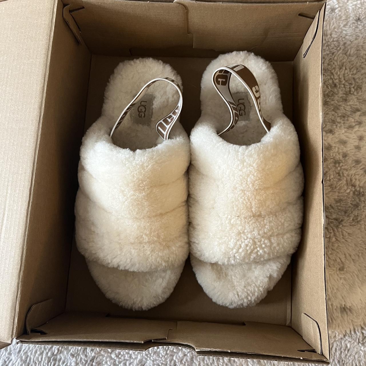 White UGG Fluff Yeah slippers in Size 6 Women.... - Depop