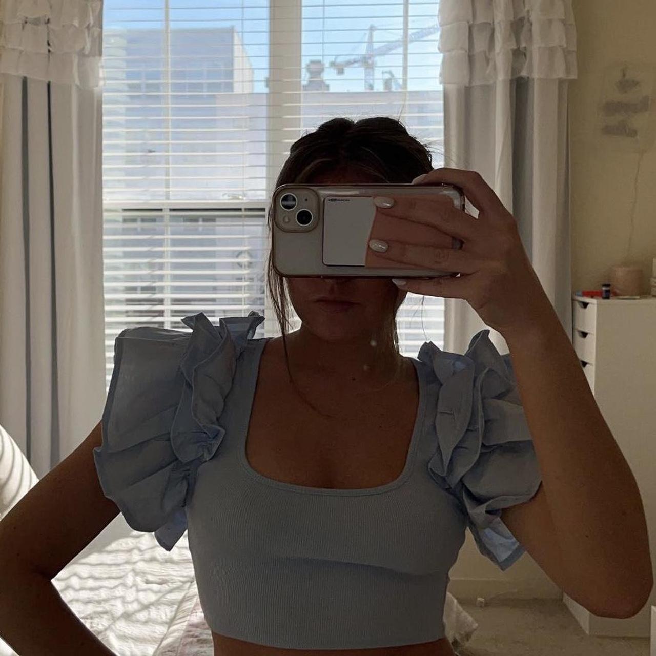 size small zara light blue ruffle top - Depop