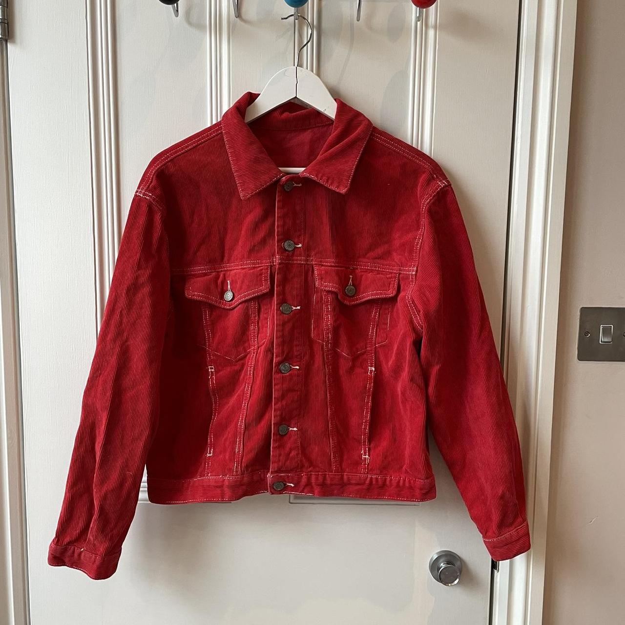 Red corduroy jacket with white contrast stitching -... - Depop
