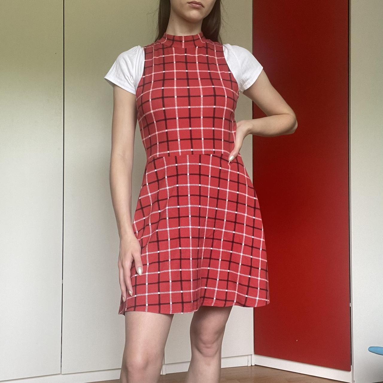 Red plaid mock neck mod style mini dress. Very cute... - Depop