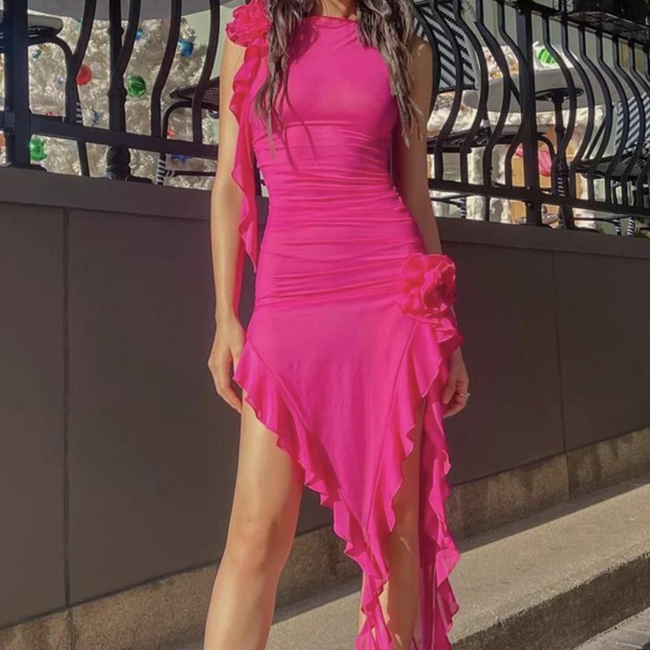 Pink mesh dress with flower detail Style of dress is... - Depop