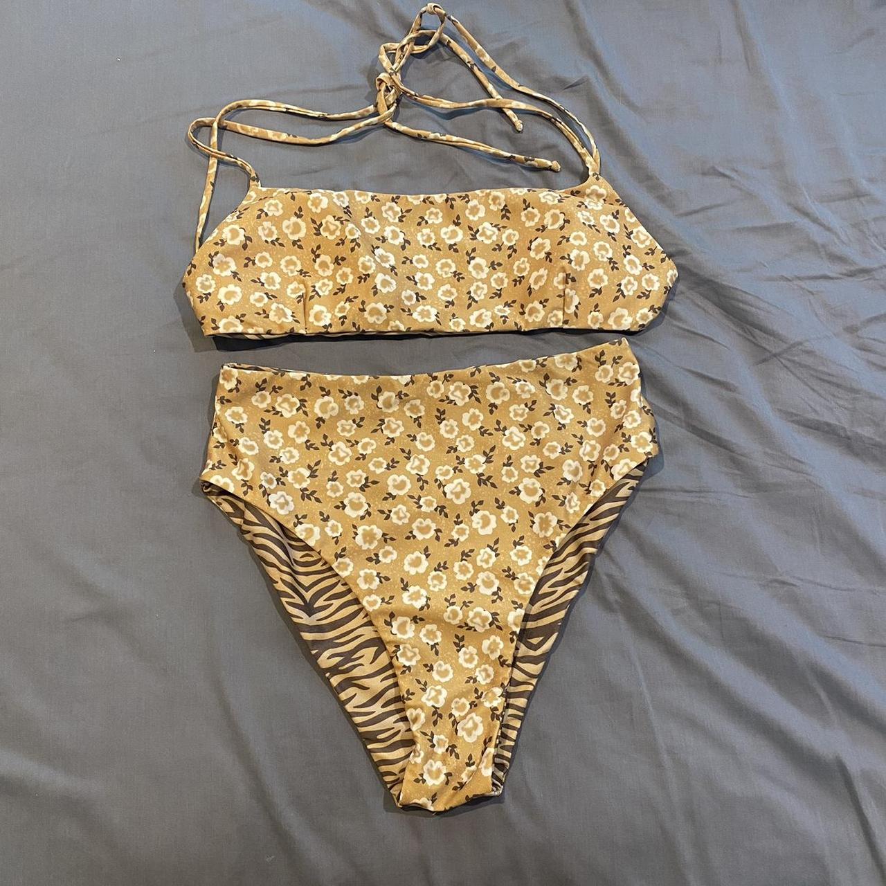 Reversible bathers in super cute flower/tiger print... - Depop