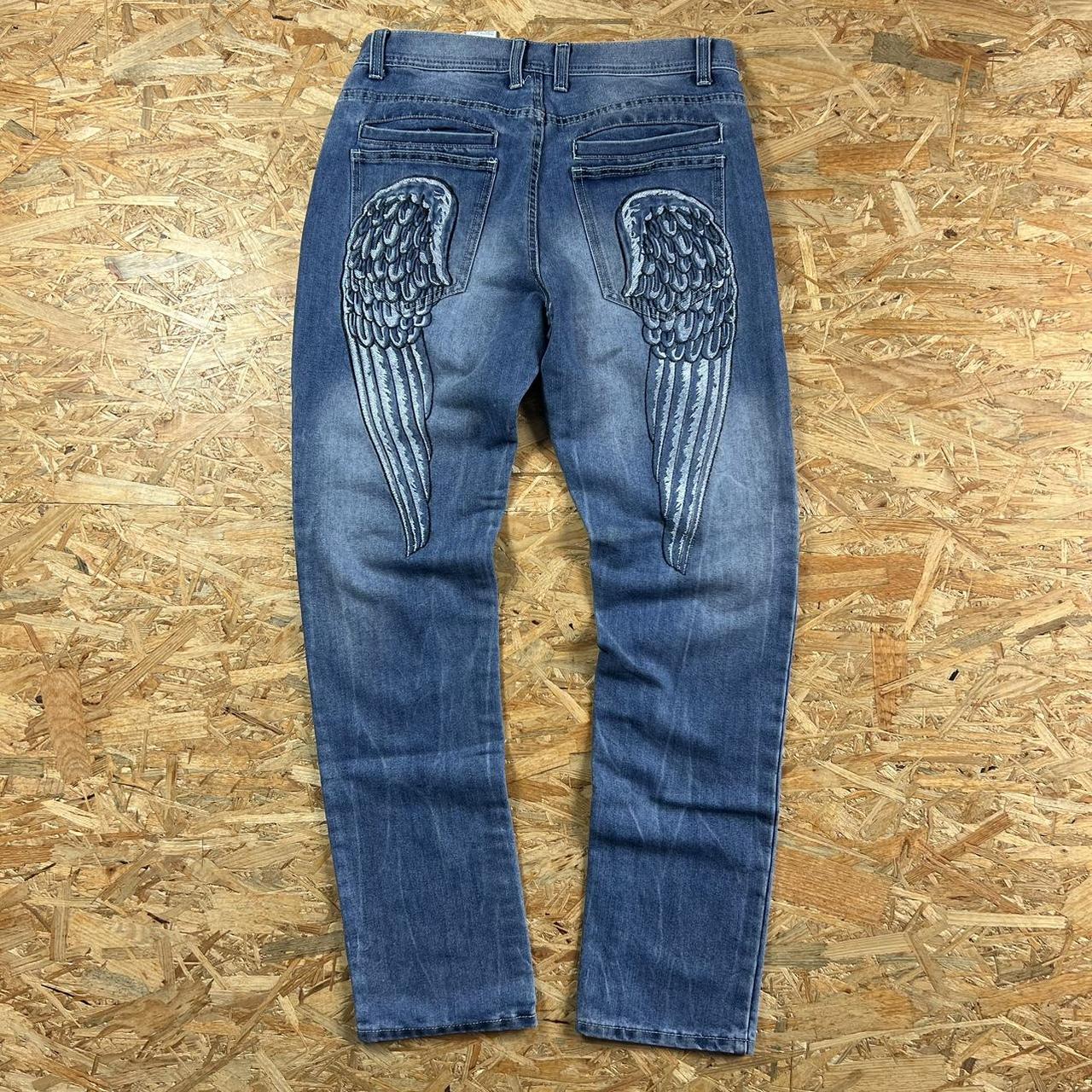 VINTAGE DENIM PANTS JEANS WINGS DESINGER Y2K DRIP... - Depop