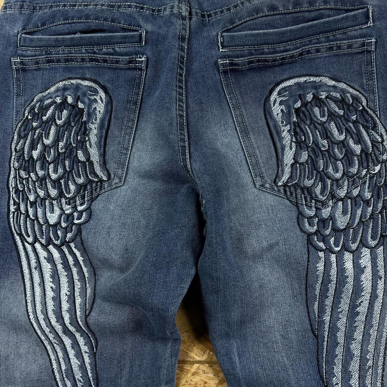 VINTAGE DENIM PANTS JEANS WINGS DESINGER Y2K DRIP... - Depop