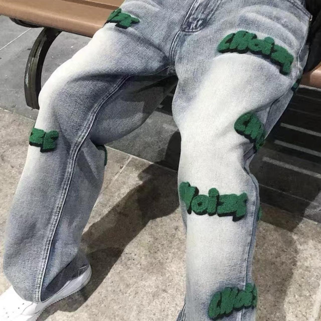 Dope green letter embroidered patch denim... - Depop