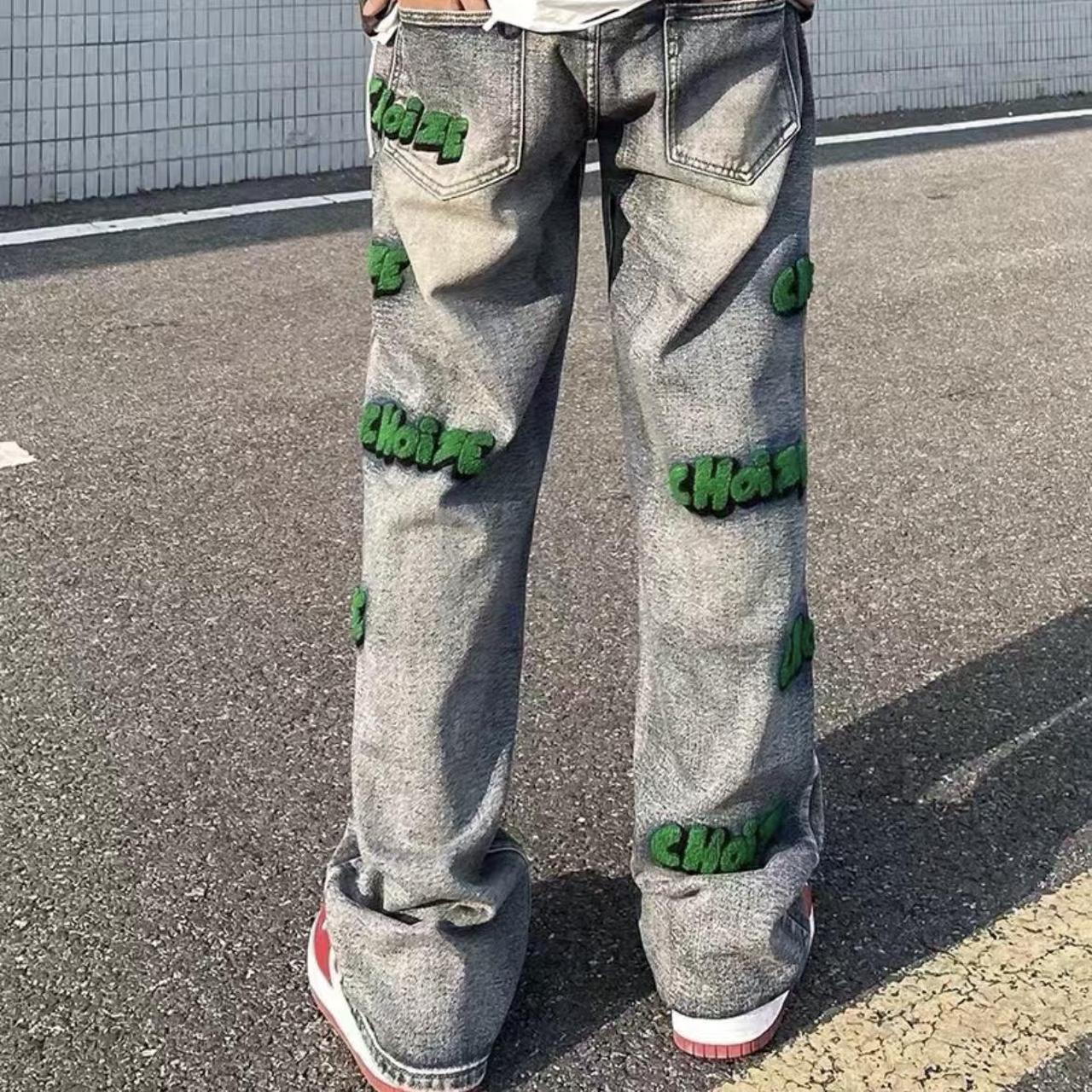 Dope green letter embroidered patch denim... - Depop