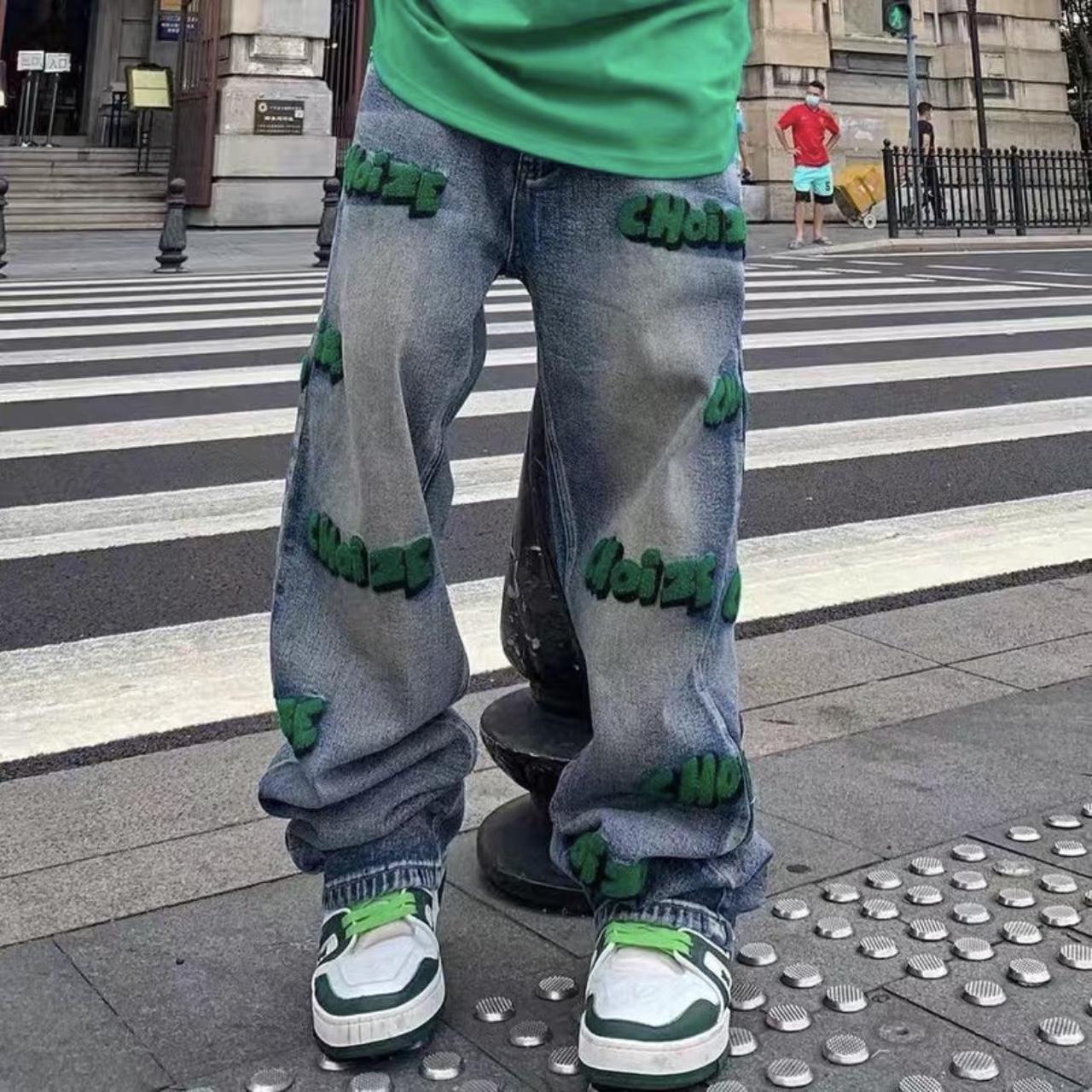 Dope green letter embroidered patch denim... - Depop