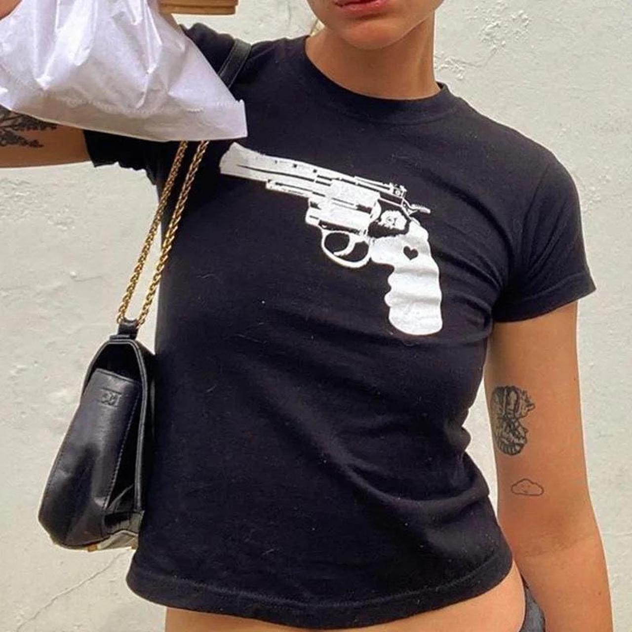 White printed gun crop top Please message before... - Depop