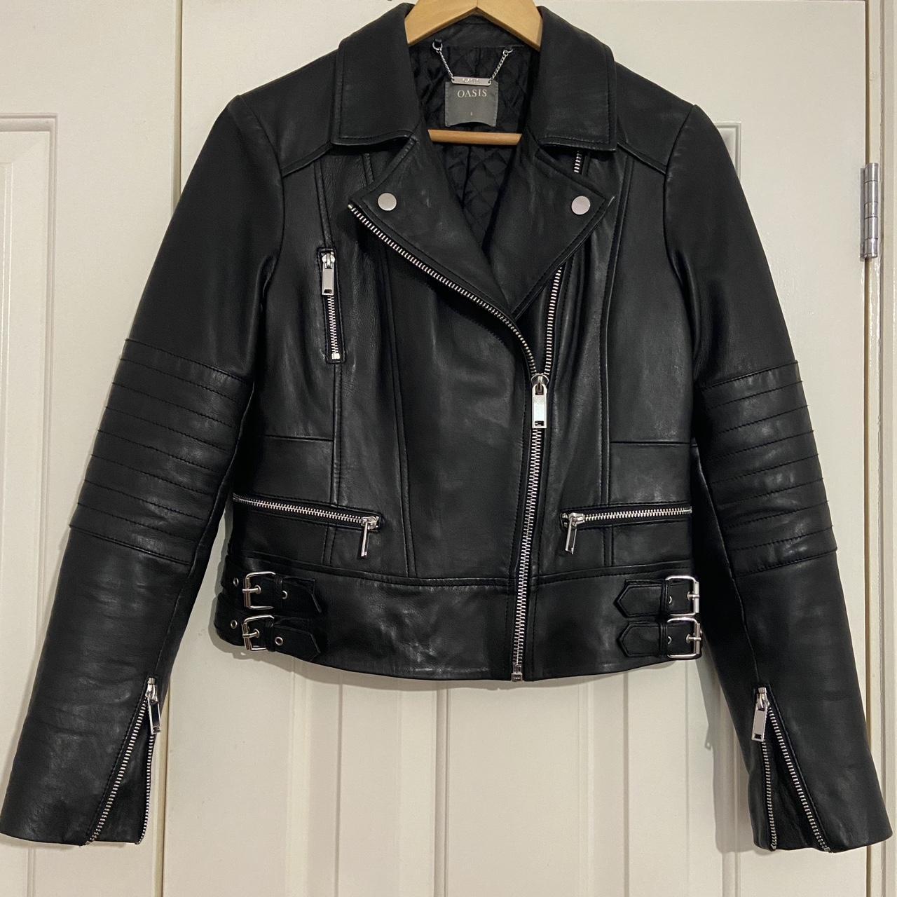 Leather biker jacket from Oasis, in perfect... - Depop