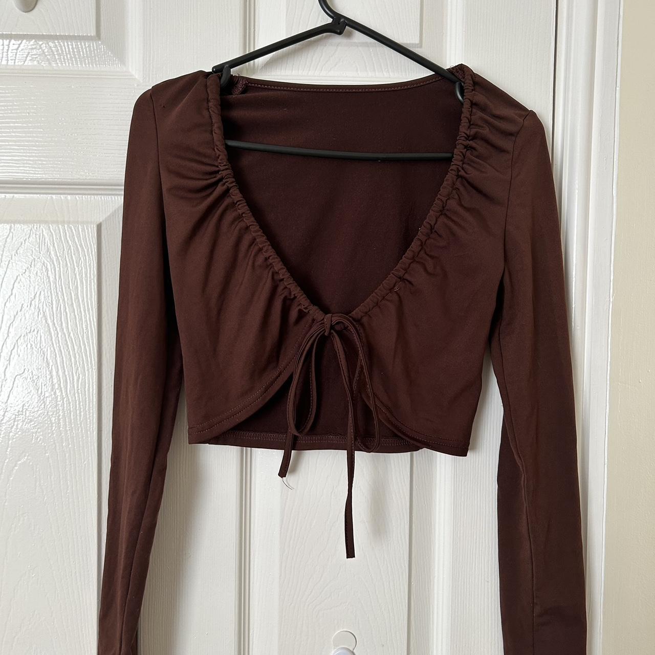 Brown long sleeve tie front crop top Worn once Size... - Depop
