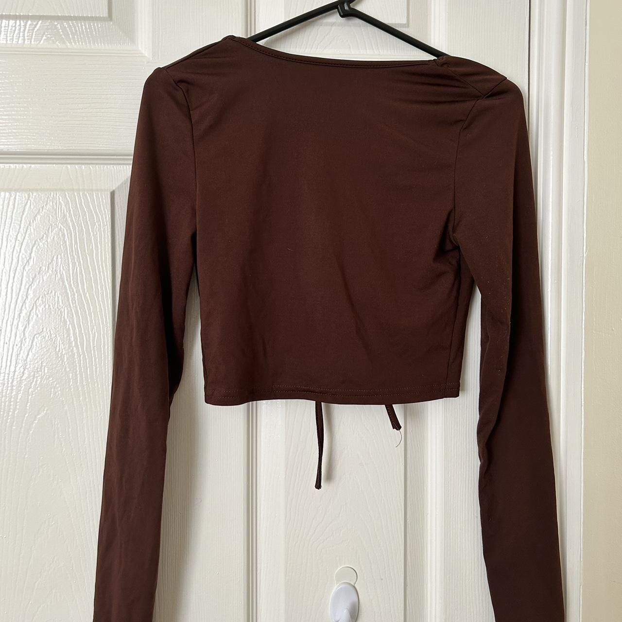 Brown long sleeve tie front crop top Worn once Size... - Depop