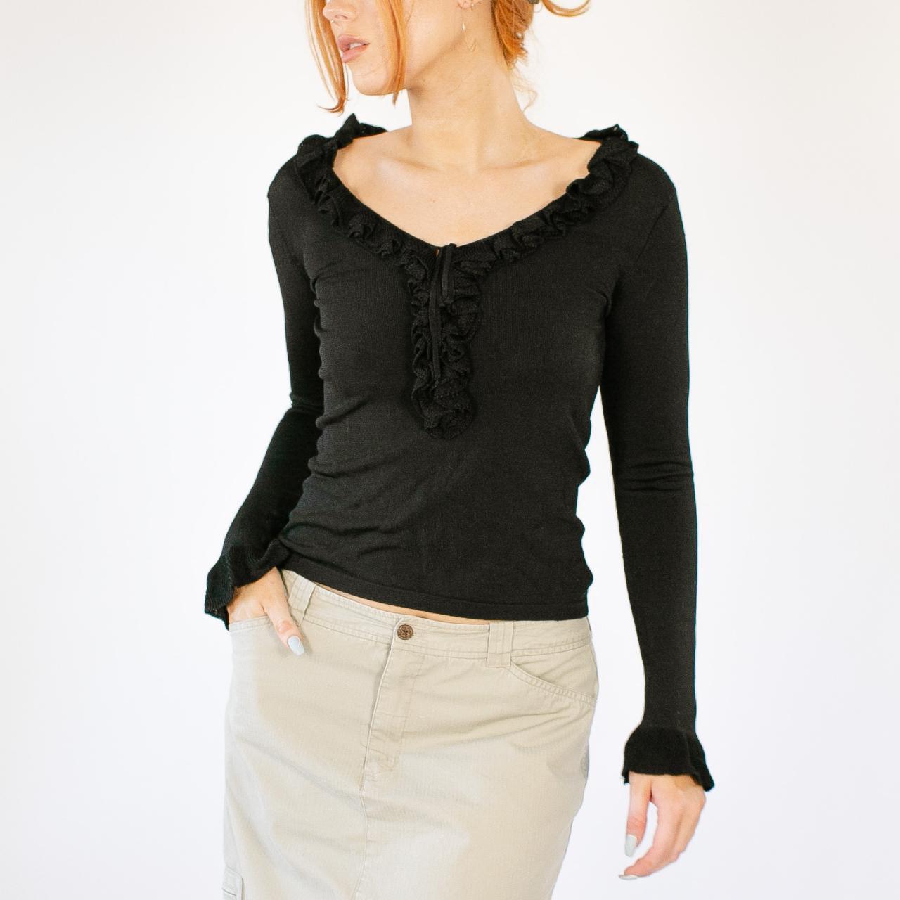 Vintage Ruffled Y2K Top slinky, finely ribbed... - Depop