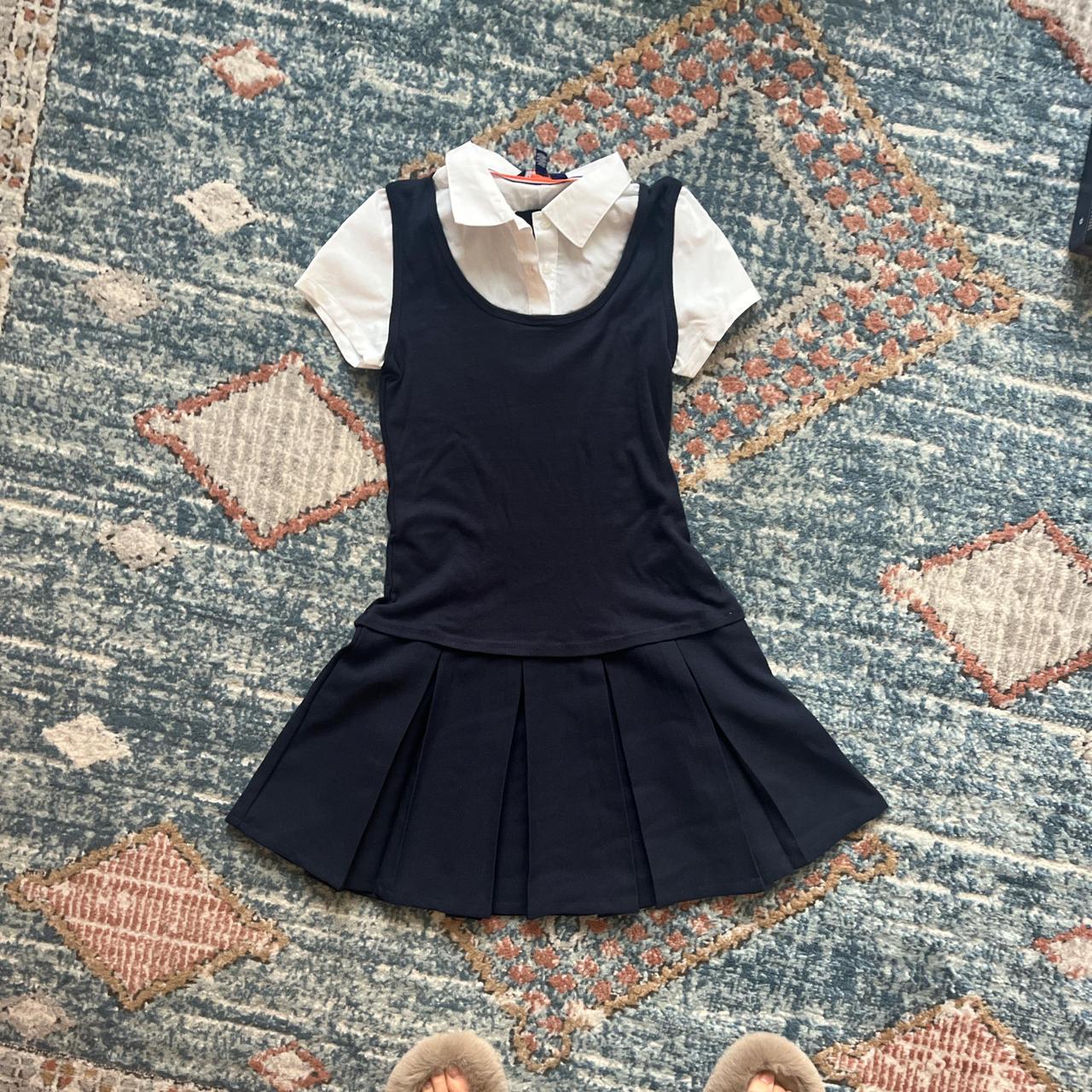 Preppy navy blue drop waist pleated mini skirt with... - Depop