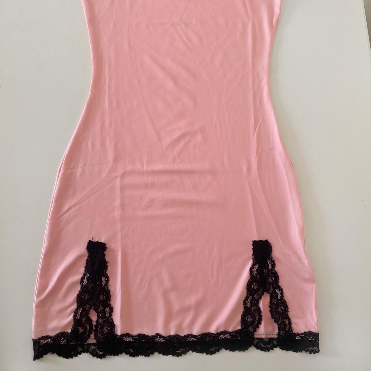 Baby pink nightie night dress with black lace Size... - Depop