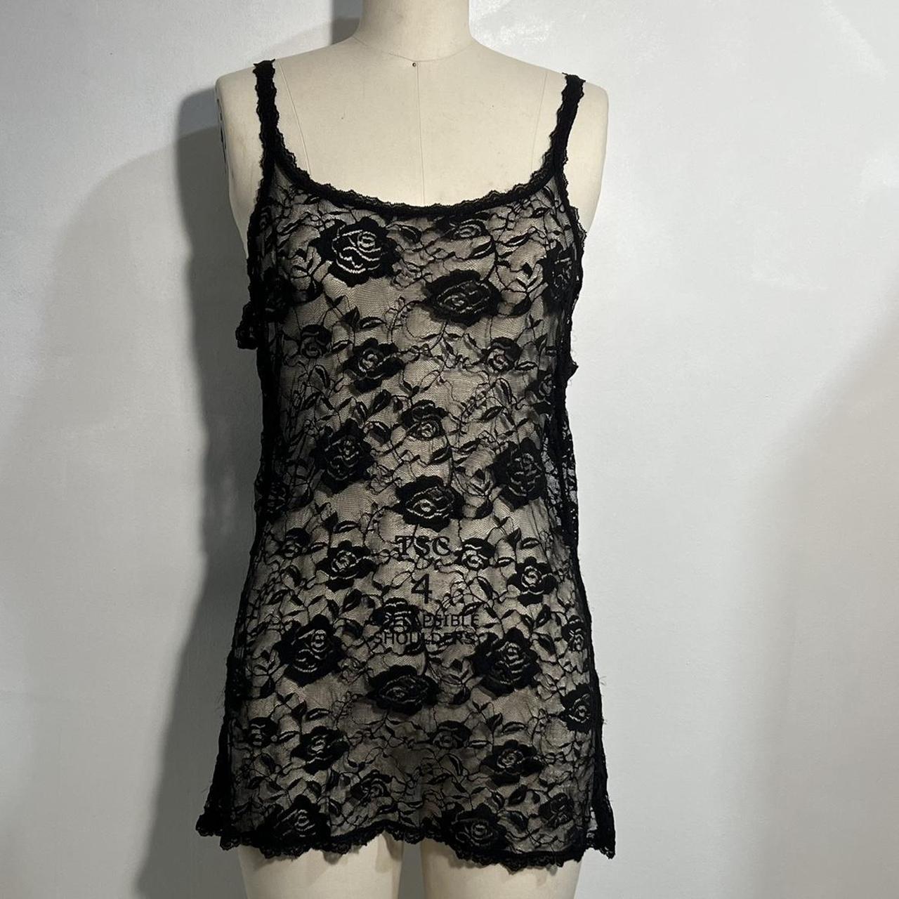 black sheer rose lace slip dress no tags, fits like... - Depop