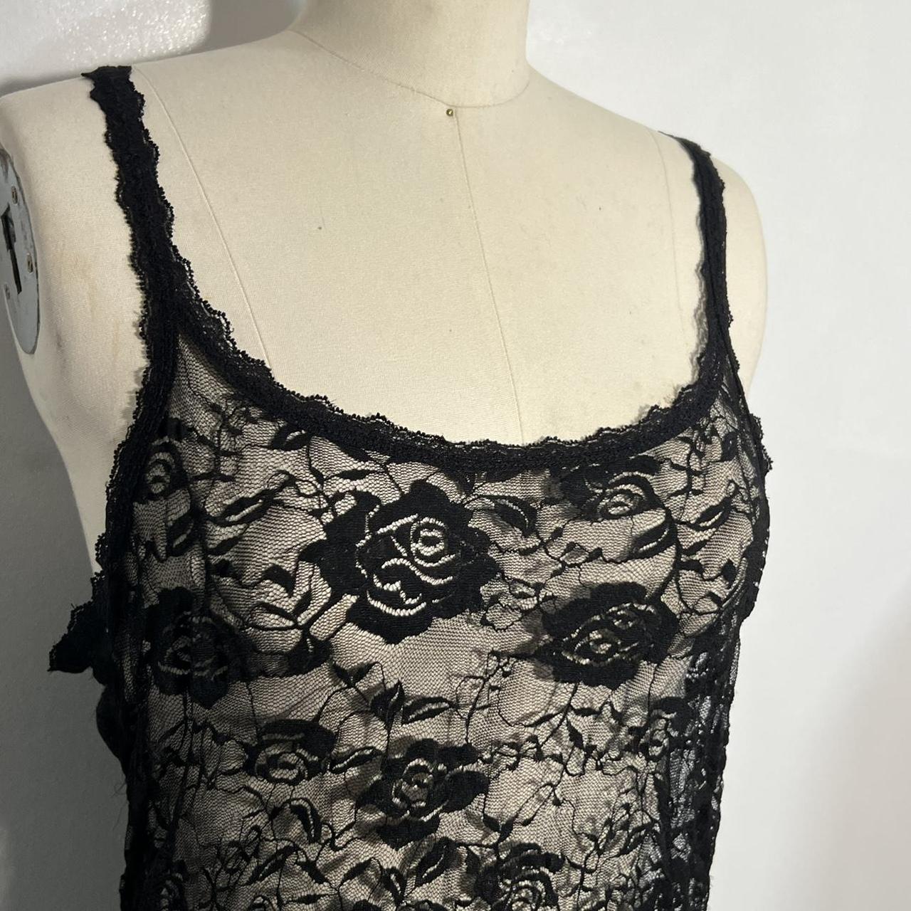 black sheer rose lace slip dress no tags, fits like... - Depop
