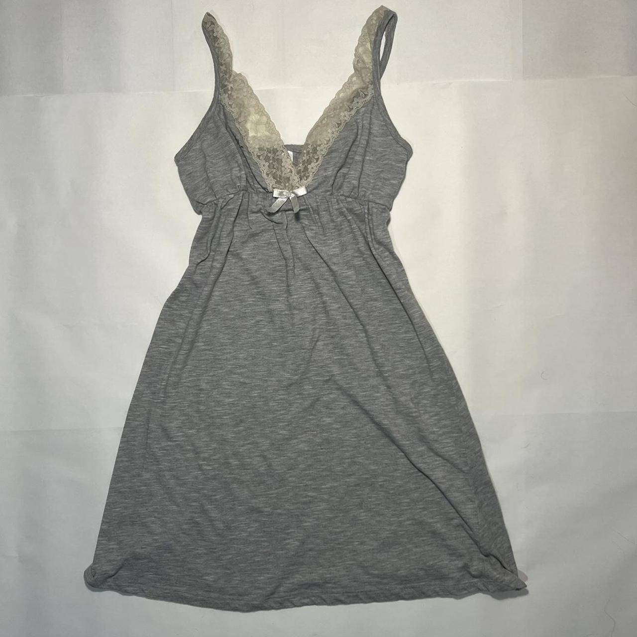 soft stretchy grey slip dress with lace trim and bow... - Depop