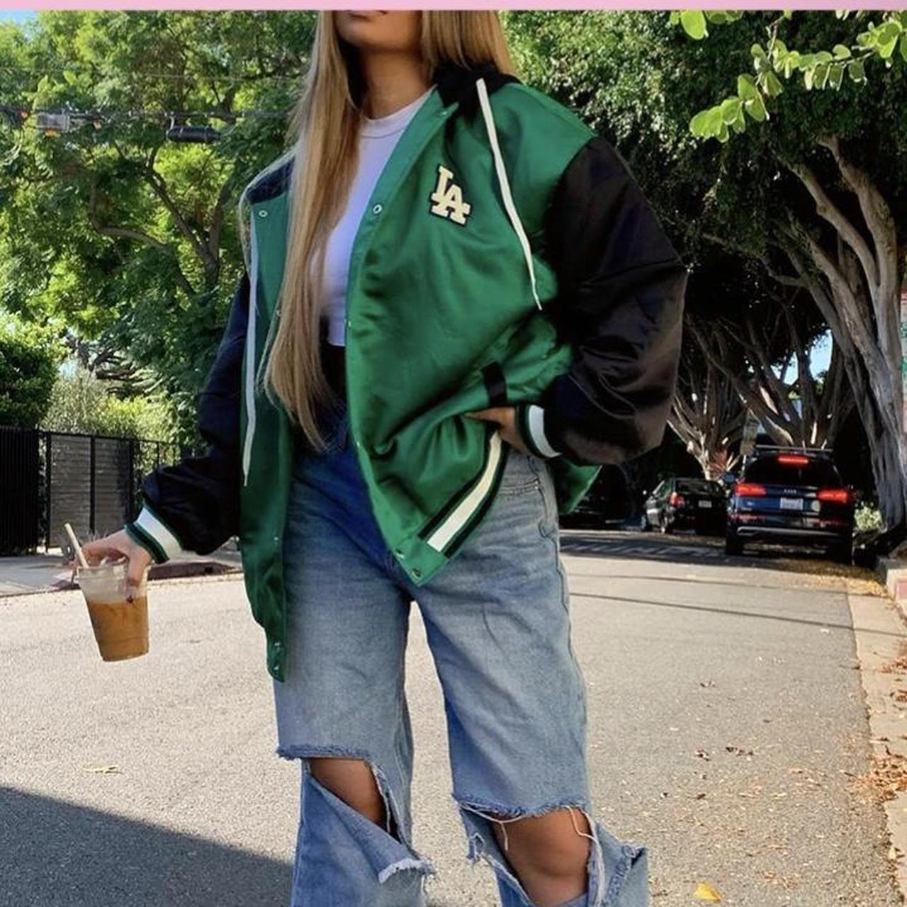 Prettylittlething green satin racer bomber jacket... - Depop