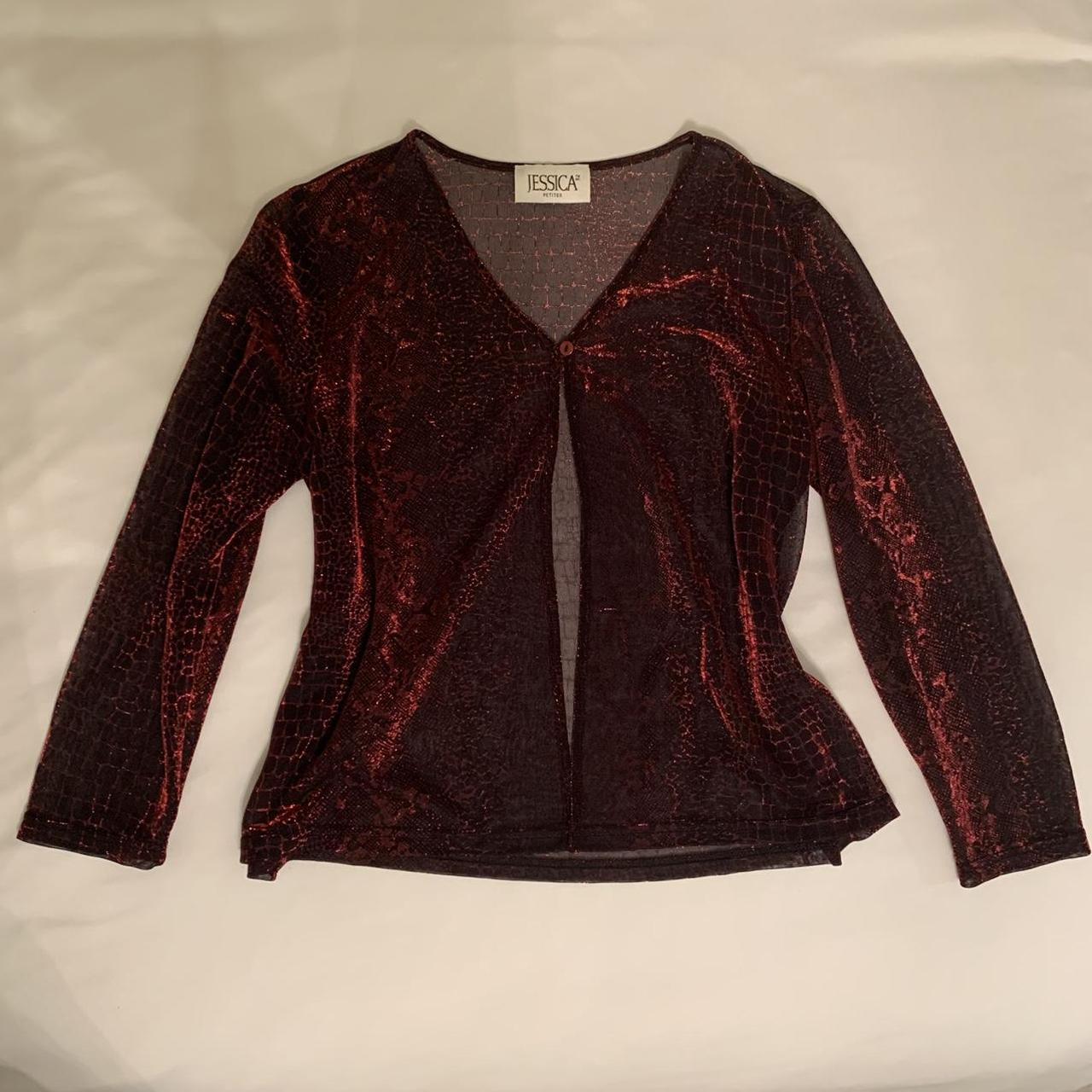 90s shimmery red and black sheer cardi top. Size... - Depop