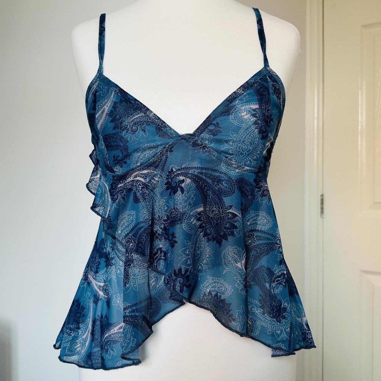 mesh cami top blue patterned v neck camisole top 🪩... - Depop