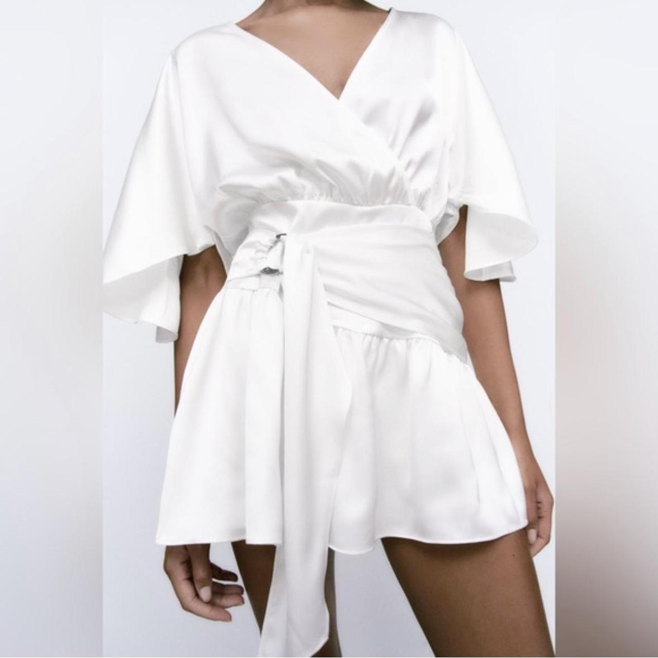 zara white satin effect mini playsuit with belt bnwt... - Depop