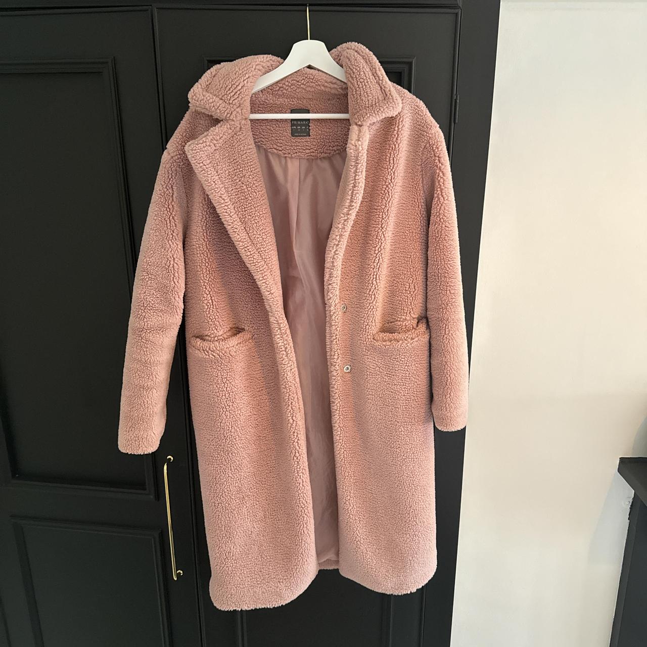 Primark pink teddy longline coat Size 6 but... - Depop