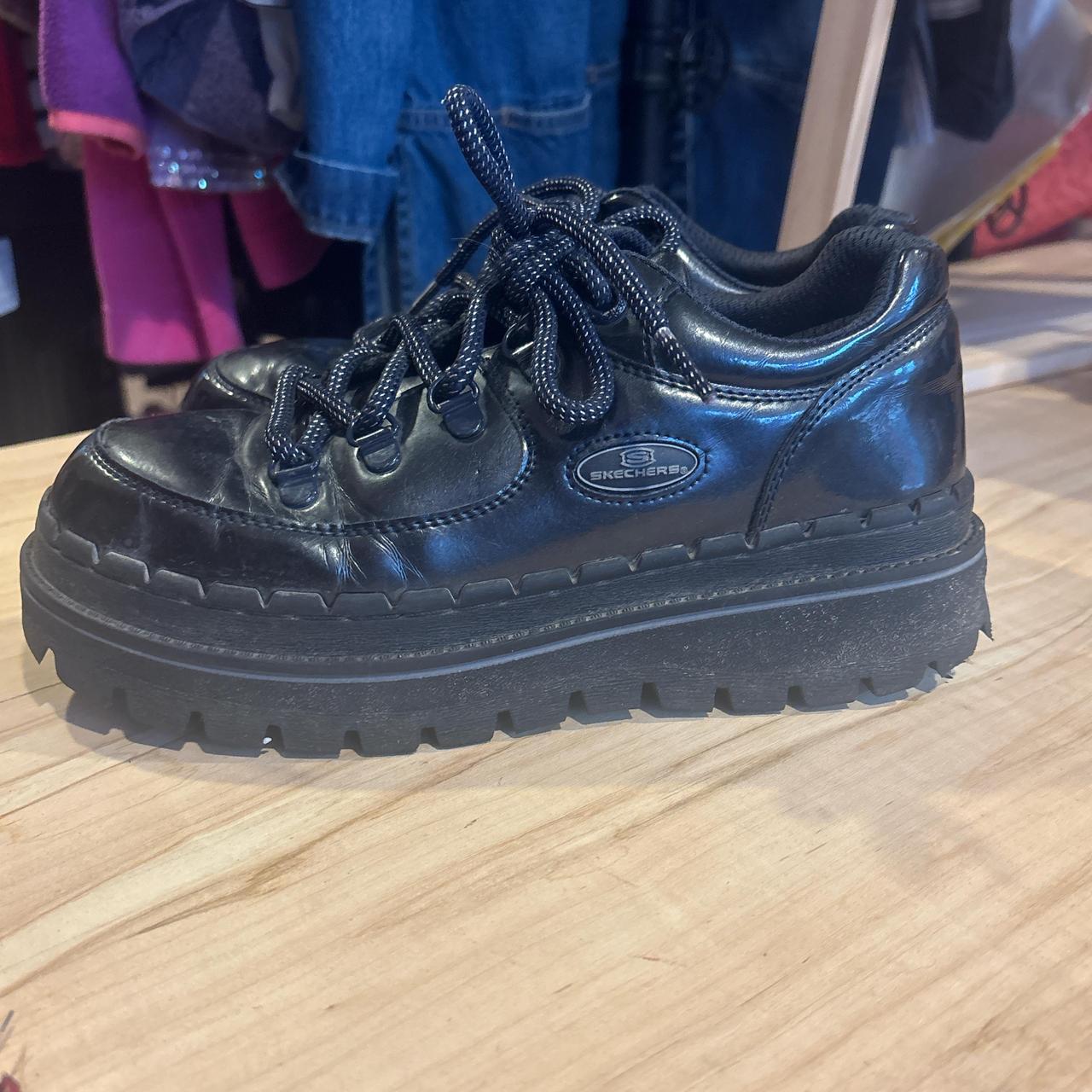 Black leather Skechers platform trainers #90s... - Depop