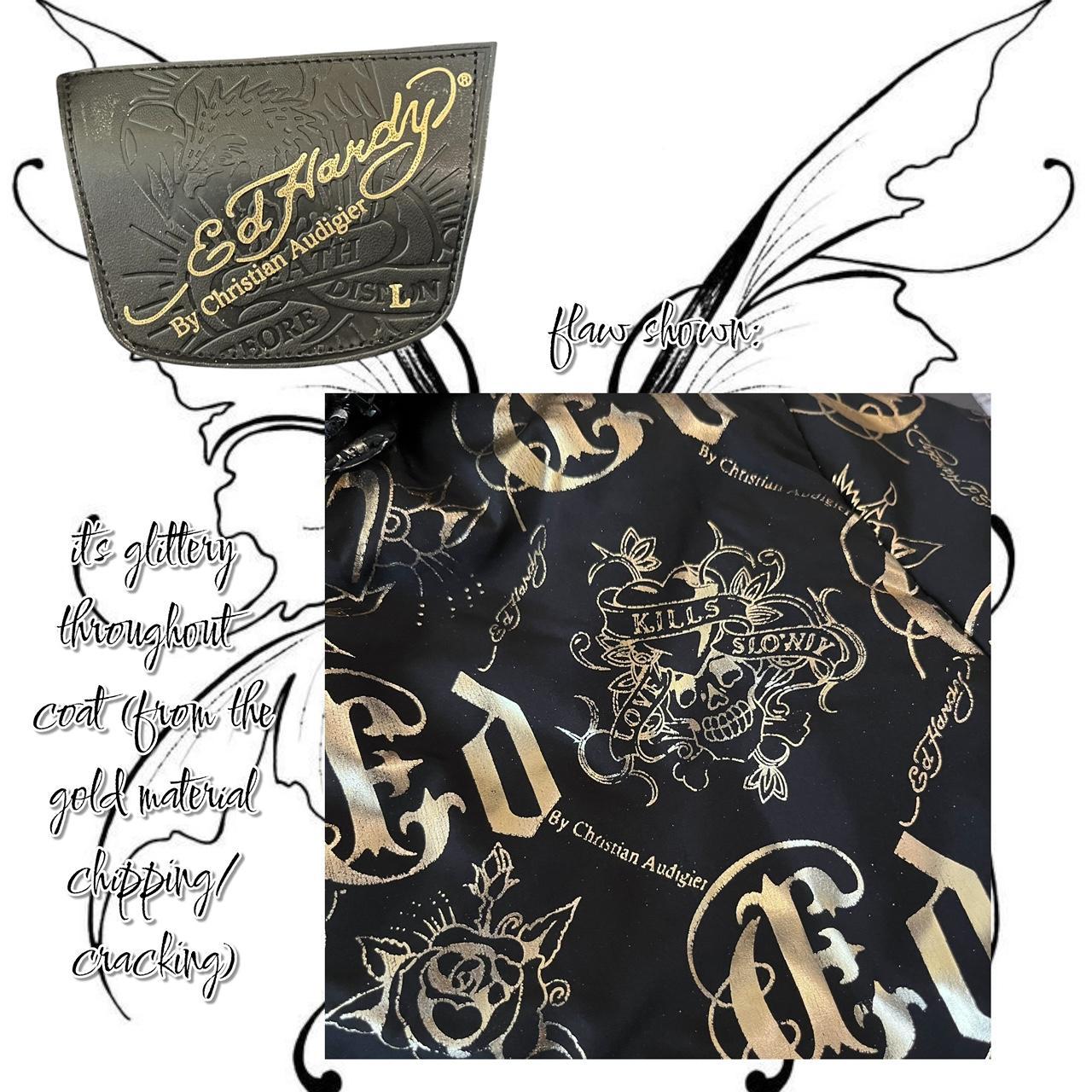 Vintage Y2K Ed Hardy Black & Gold Foil Puffer Zip Up... | Depop