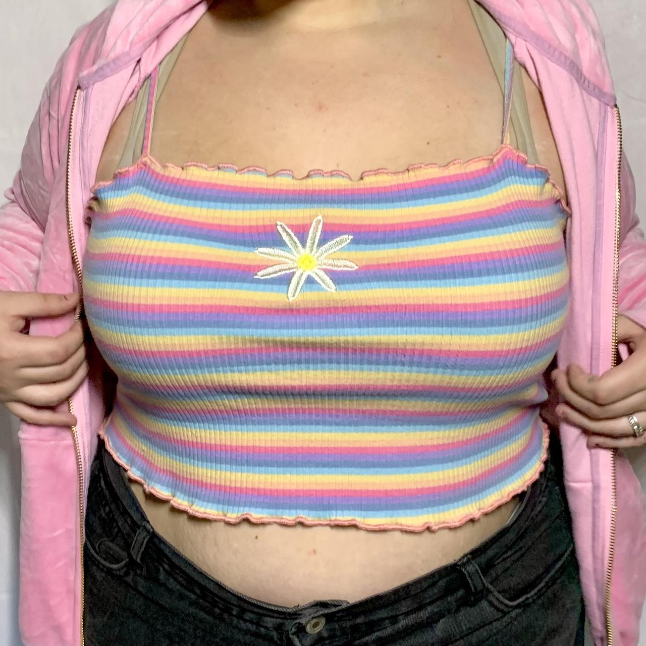 Pastel crop top plus size pink and rainbow striped... - Depop