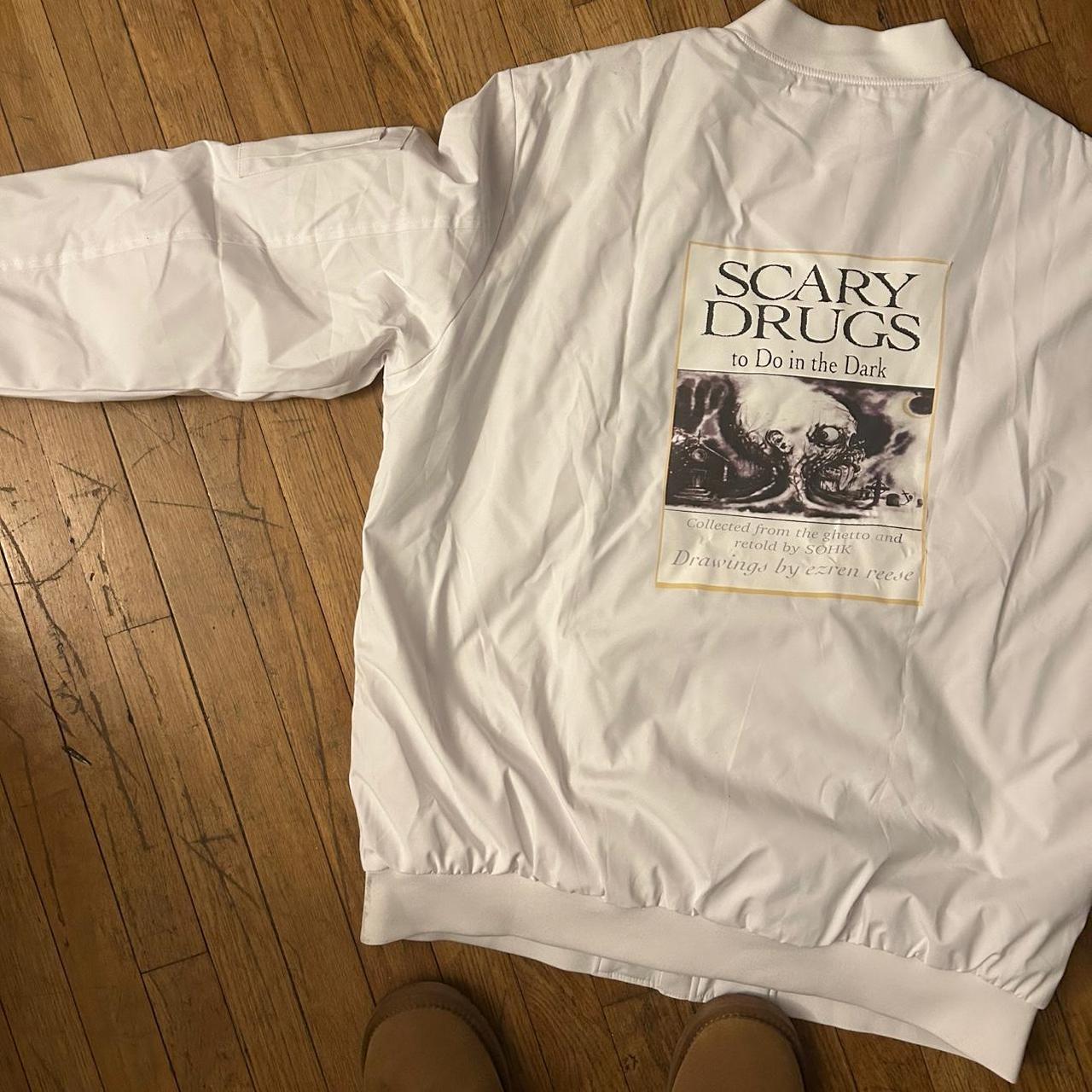 Scary Drugs bomber jacket in white and black... | Depop