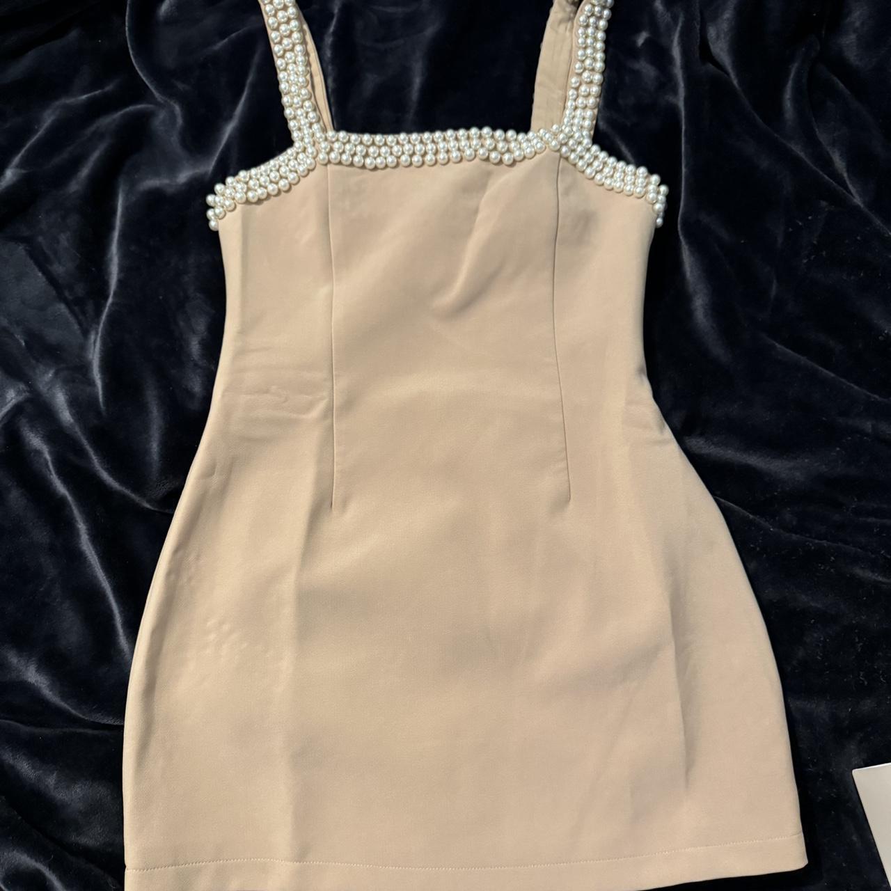 The Ultimate Muse Pearl Trim Mini Dress in Camel and... - Depop