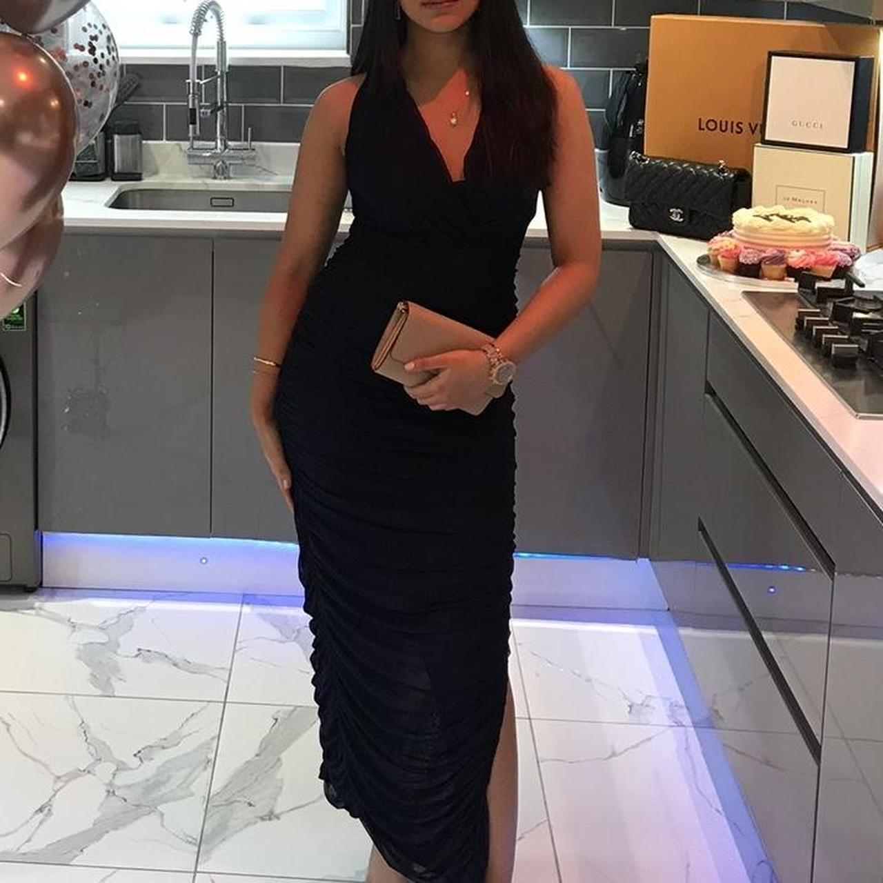 Navy Blue Ruched Maxi Dress With Side Slit Very... - Depop