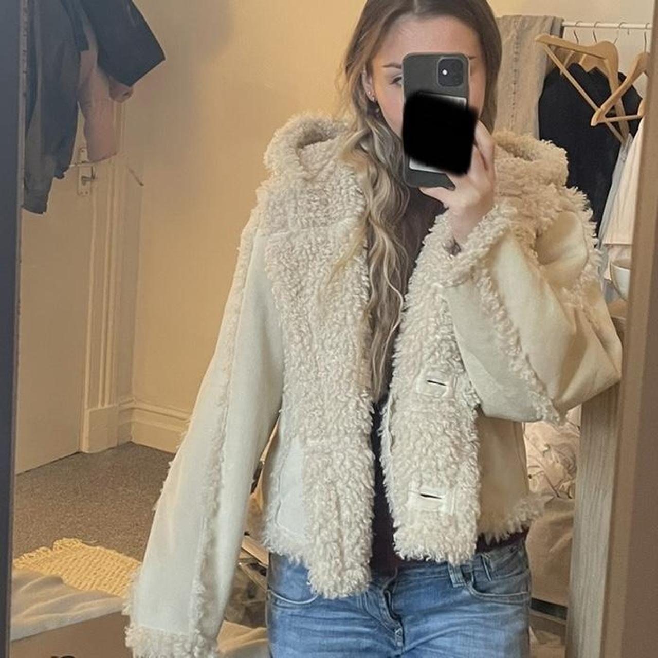 Urban outfitters faux sherling jacket with hood... - Depop