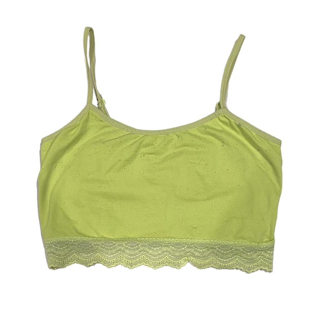 lime, green, spaghetti strap crop top with lace at... - Depop