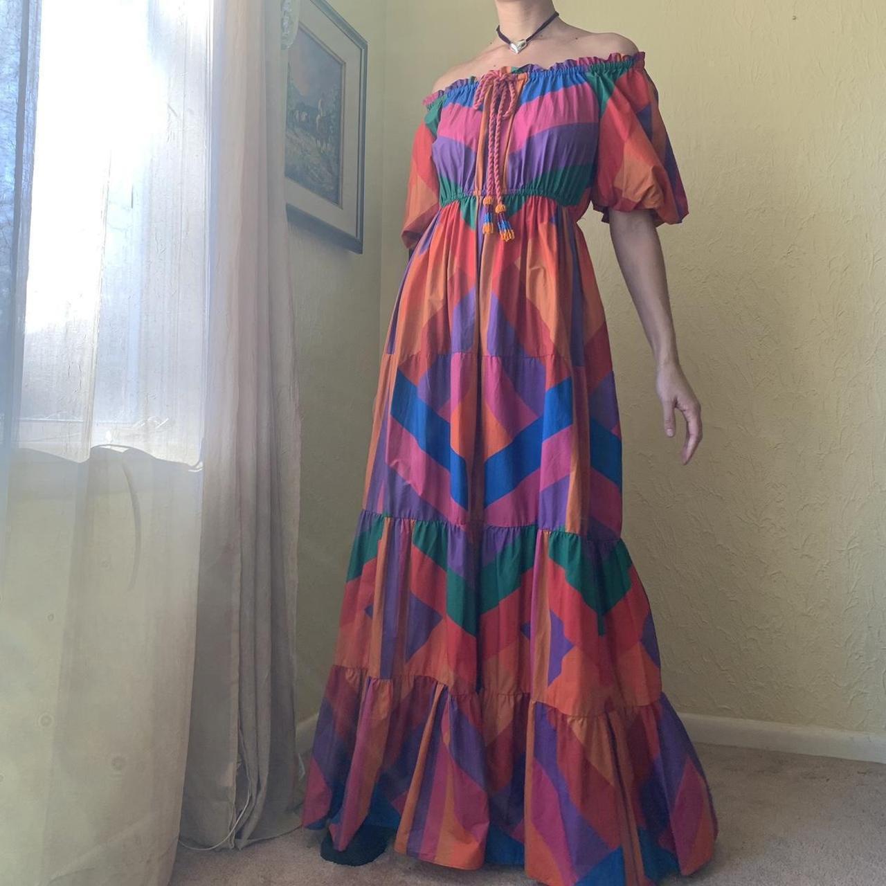 Farm Rio Amanda Stripes tiered maxi dress vibrant... - Depop