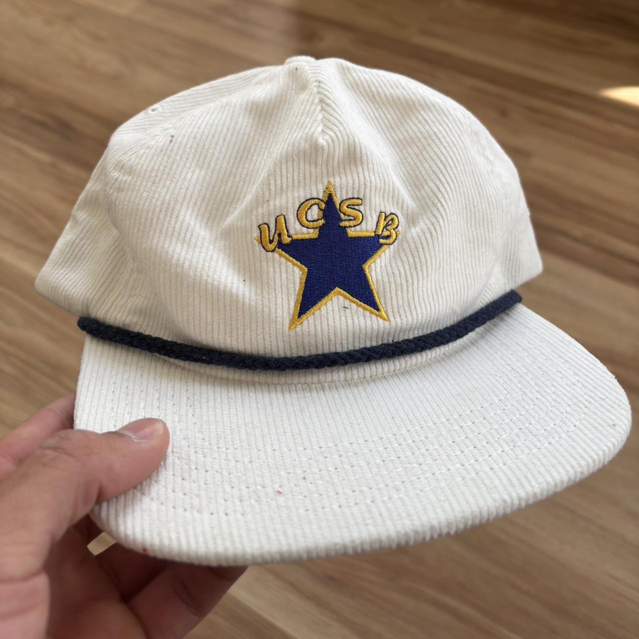 UCSB white corduroy hat with navy blue star and cord... | Depop